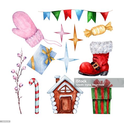 새해 수채화 핸드 그린 세트 롤리팝 길만다 깃발 별 봉투 진저 브레드 하우스 니트 장갑 부츠 흰색 배경에 고립 된 크리스마스 요소 0명에 대한 스톡 벡터 아트 및 기타