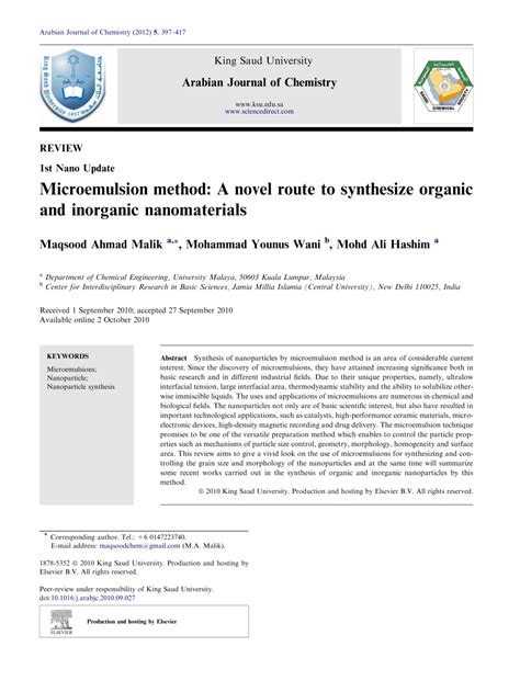 Pdf Microemulsion Method A Novel Route To Synthesize Organic And