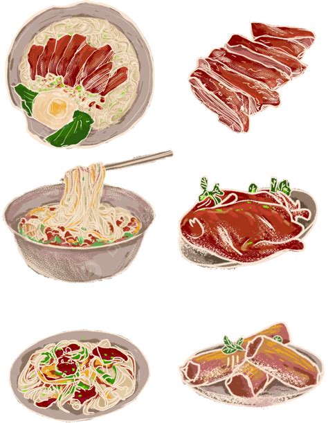 손으로 그린 그림 복고풍 미식가 수프 국수 볶음면 고기 구이 치킨 춘권 봄철 구운 치킨 고기 Png 일러스트 및 Psd