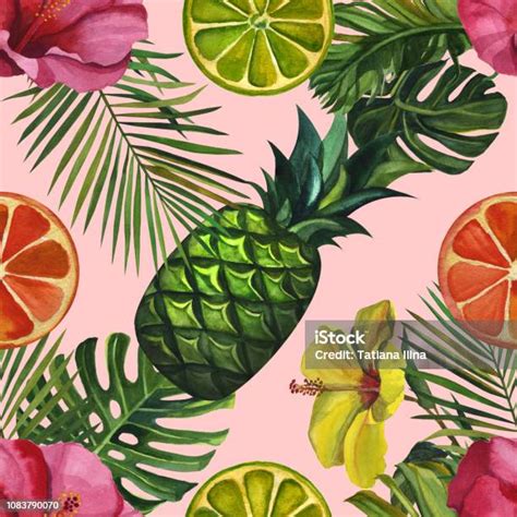 열 대 종 려를 가진 수채화 패턴 잎 바나나 파인애플 꽃 원활한 패턴 0명에 대한 스톡 벡터 아트 및 기타 이미지 0명 과일 꽃 식물 Istock