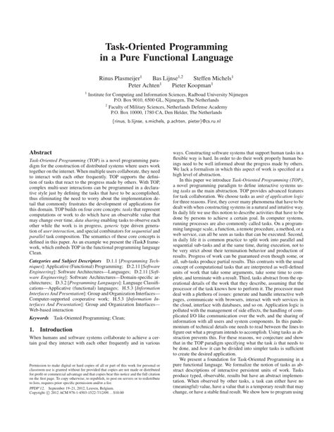 Pdf Task Oriented Programming In A Pure Functional Language