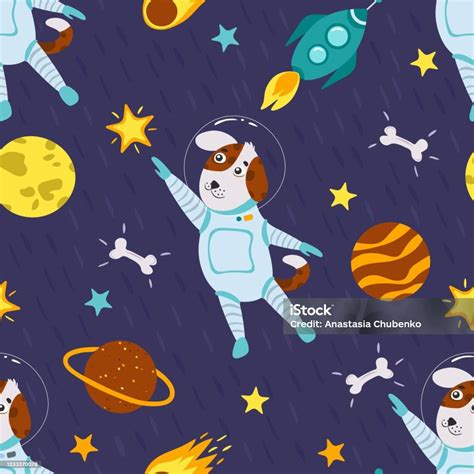 우주 비행사 개 원활한 패턴 귀여운 개가 공간에서 날아간다 별 행성 달 로켓 혜성 벡터 일러스트레이션 개에 대한 스톡 벡터 아트 및 기타 이미지 Istock