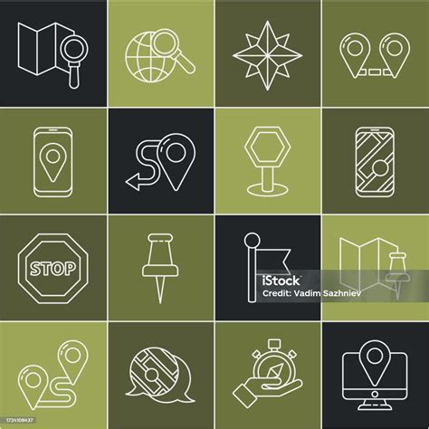 위치 마커 접힌 지도 압정 도시 내비게이션 바람 장미 경로 검색 및 도로 교통 표지판 아이콘으로 라인 모니터를 설정합니다 벡터