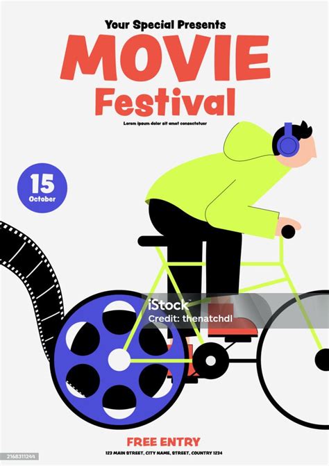 영화 및 영화제 포스터 템플릿 디자인 배경 현대적인 스타일 남자는 바퀴에 필름 릴과 필름 스트립과 자전거를 타고 디자인에 대한 스톡 벡터 아트 및 기타 이미지 Istock