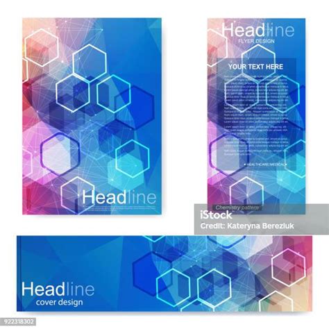 전단지 브로슈어 크기 A4 템플릿 배너 설정 합니다 연결된 라인 및 점 분자 구조입니다 잡지 전단지 커버 포스터 디자인에 대 한 요소와 과학 패턴 원자 Dna 0명에 대한