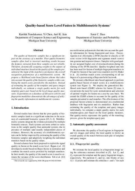 Pdf Quality Based Score Level Fusion In Multibiometric Systems Anil