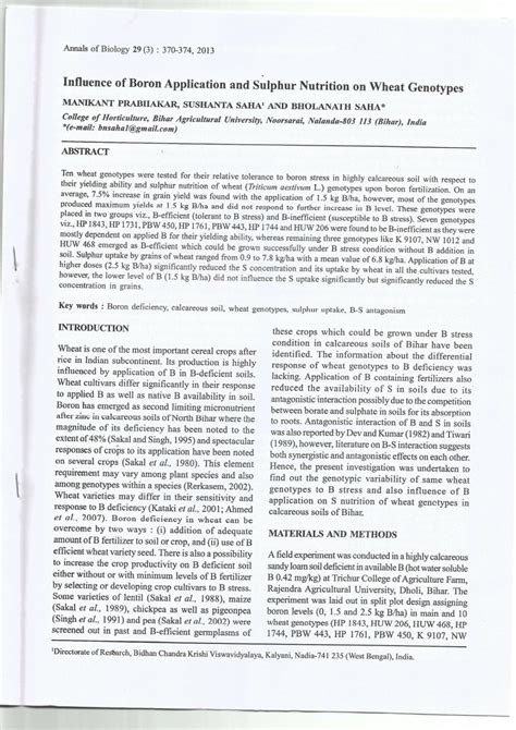 Pdf Influence Of Boron Application And Sulphur Nutrition On Wheat