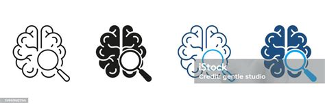 신경학 과학 탐구 검정 및 색상 기호 컬렉션 돋보기 실루엣과 선 아이콘이 설정된 두뇌 건강 검진 인간의 마음 픽토그램 연구 격리된 벡터 그림 건강 진단에 대한 스톡 벡터