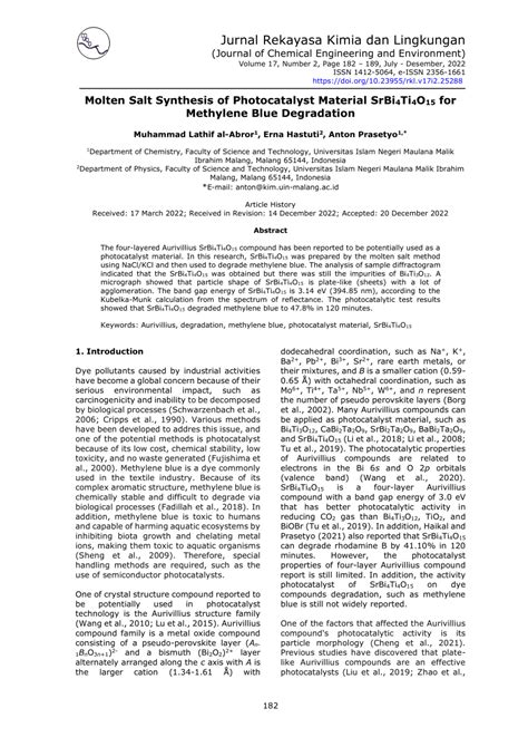 Pdf Molten Salt Synthesis Of Photocatalyst Material Srbi4ti4o15 For Methylene Blue Degradation