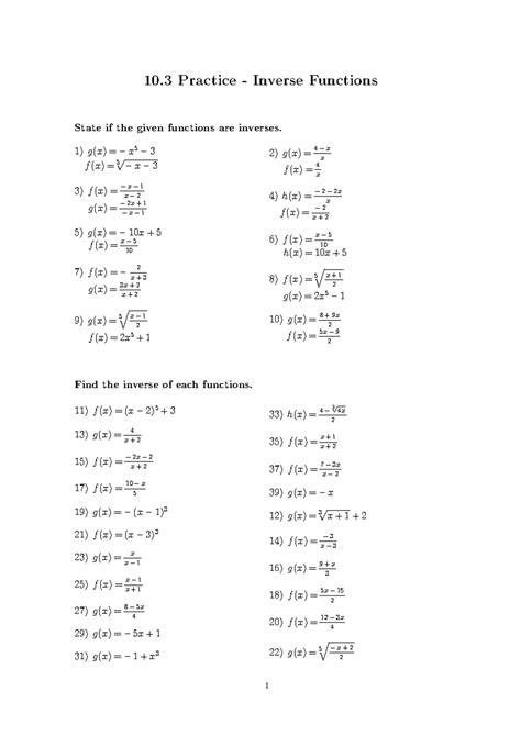 10 3 inverse functions practice 10 practice inverse functions state