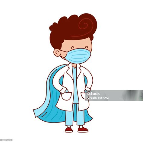 의료 마스크와 슈퍼 영웅 케이프와 귀여운 의사 벡터 만화 캐릭터 플랫 라인 일러스트레이션 흰색 배경에 격리 슈퍼 히어로 의료