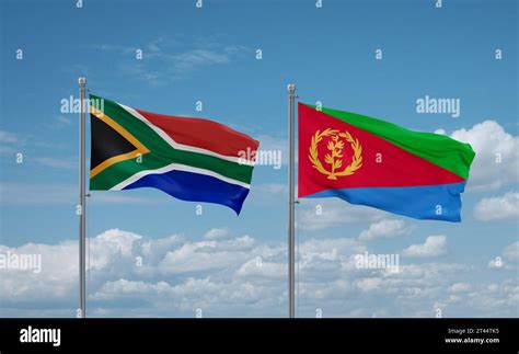 Eritrea And South Africa Flags Waving Together In The Wind On Blue Cloudy Sky Two Country