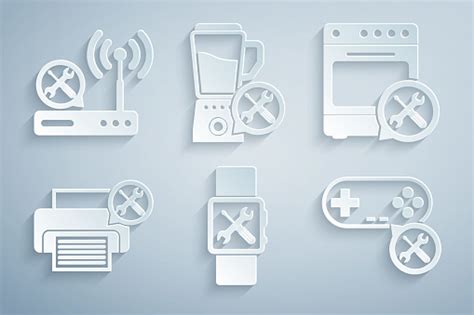 Set Smartwatch Service Oven Printer Gamepad Blender And Router Wifi Icon Vector Stock