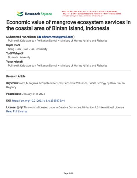 Pdf Economic Value Of Mangrove Ecosystem Services In The Coastal Area