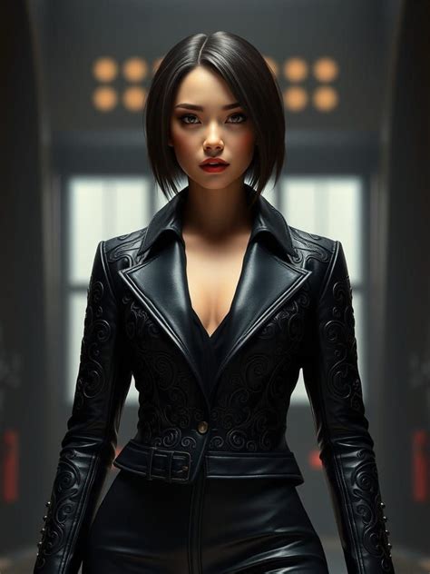 Dramaticlly Poised Of A Lady Wearing Only Leather Jacket The Suits Is