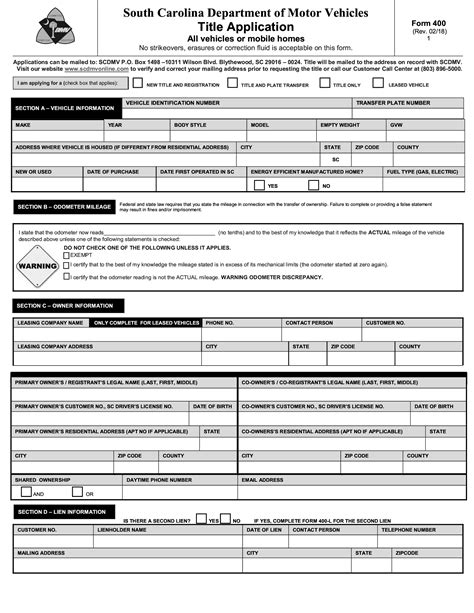 SCDMV Form Title Application All Vehicles Or Mobile Homes Forms Docs
