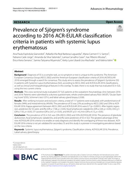 Pdf Prevalence Of Sjögrens Syndrome According To 2016 Acr Eular