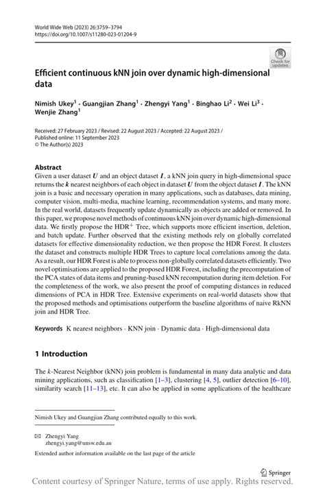 Pdf Efficient Continuous Knn Join Over Dynamic High Dimensional Data
