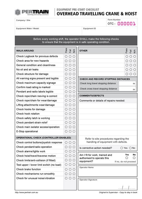 Overhead Travel Crane Essential Safety Checklist Book Pertrain Pty