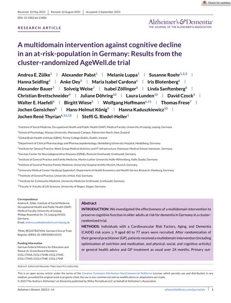 Pdf A Multidomain Intervention Against Cognitive Decline In An At‐risk‐population In Germany