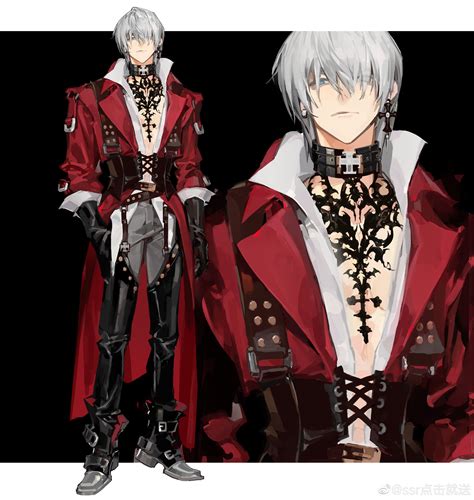 An Anime Character With White Hair Wearing Red And Black Clothes Standing In Front Of A Black