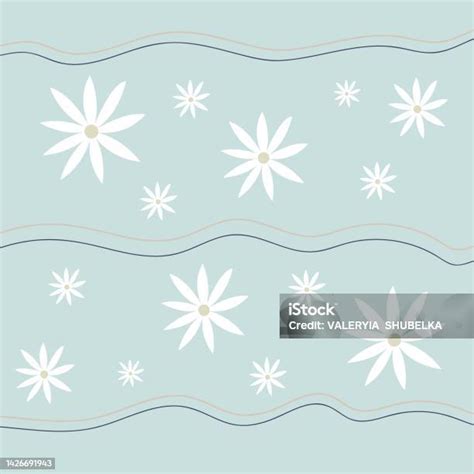 패턴 그루비 트리피 데이지 밝은 파란색 배경에 데이지와 선 70 년대 분위기 꽃 배경 플랫 스타일로 손으로 그린 벡터