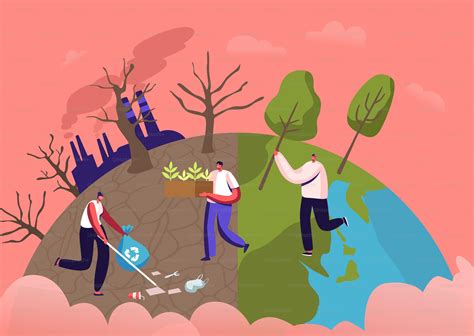 남성 캐릭터는 정원의 토양에 묘목과 나무를 심고 쓰레기를 제거합니다 세상을 구하고 재조림하고 식생합니다 자연 환경 생태 개념 만화 사람들 벡터 일러스트레이션