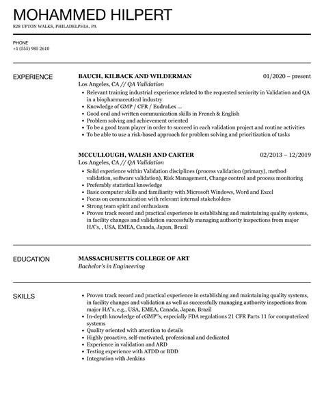 Qa Validation Resume Samples Velvet Jobs