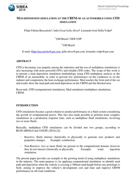 pdf mud deposition simulation at the crfm of an automobile using cfd simulation