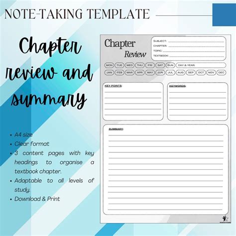 Printable Chapter Review Summary Note Taking Template Instant Download And Print Etsy