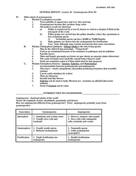Gymno 236 Botany Lecture Notes From Prof Jim Jim Bidlack BIO 1304 GENERAL BOTANY Lecture