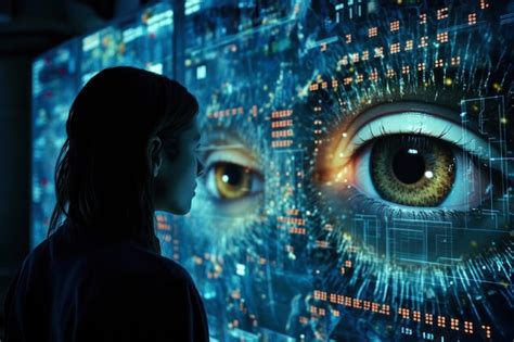 Premium Ai Image Woman Gazing At Hightech Surveillance Screens