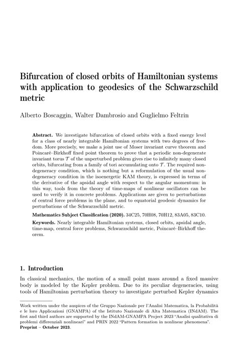 Pdf Bifurcation Of Closed Orbits Of Hamiltonian Systems With Application To Geodesics Of The