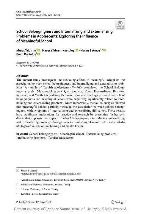 School Belongingness And Internalizing And Externalizing Problems In