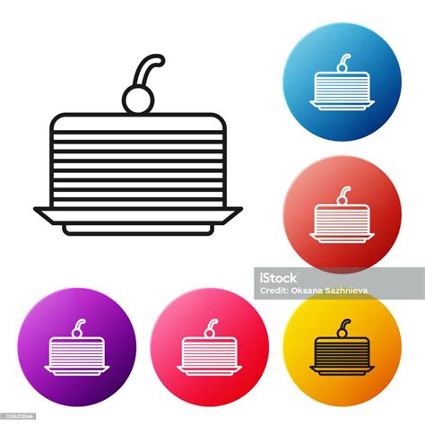 흰색 배경에 격리 된 검은 선 케이크 아이콘입니다 생일 축하해요 아이콘 다채로운 원 버튼을 설정합니다 벡터 일러스트레이션