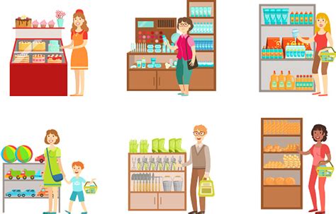 사람들은 슈퍼마켓 세트에서 쇼핑 남성과 여성 구매 화장품 식료품 장난감 정원 장비 쇼핑몰 센터 인테리어 벡터 일러스트 고객에 대한 스톡 벡터 아트 및 기타 이미지 Istock