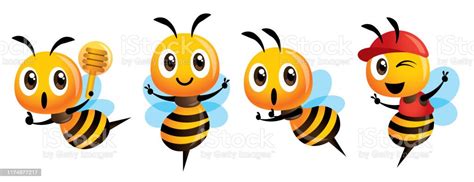 만화 귀여운 꿀벌 마스코트 세트 승리 기호를 보여주는 만화 귀여운 꿀벌 꿀 디퍼를 들고 모자를 착용 꿀벌 벡터 문자 벌에 대한 스톡 벡터 아트 및 기타 이미지 Istock