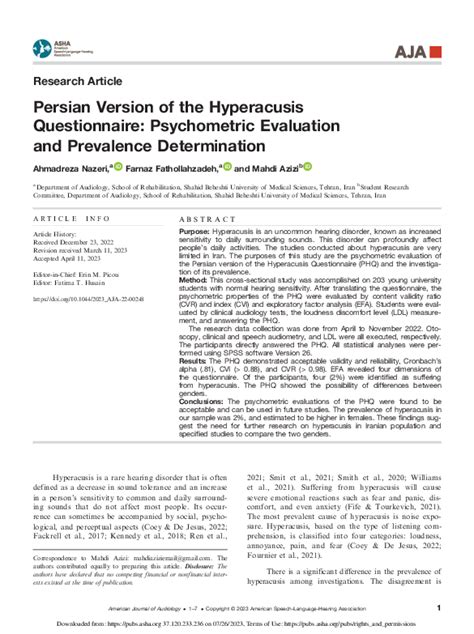 Pdf Persian Version Of The Hyperacusis Questionnaire Psychometric