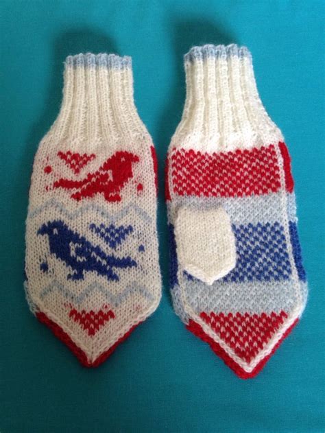 Hand Knitted Multicolour Bird Mittens Knitted In A Traditional Norwegian Selbu Mitten Style