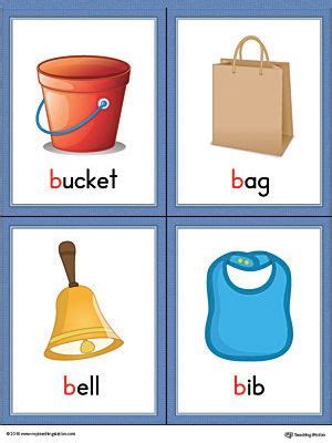 Free Letter B Words And Pictures Printable Cards Bucket Bag Bell