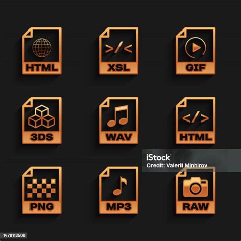 Wav 파일 문서 Mp3 원시 Html Png 및 3ds 아이콘을 설정합니다 벡터 검은색에 대한 스톡 벡터 아트 및 기타 이미지 검은색 금 금속 금색 Istock