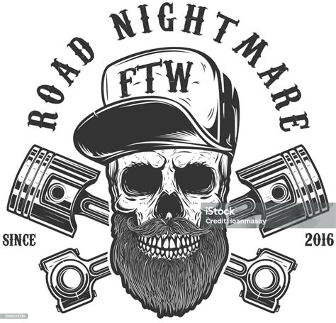 도 악몽입니다 교차 피스톤을 가진 야구 모자에 Hipster 해골입니다 레이블 상징 기호 포스터 T셔츠를 위한 디자인 요소입니다 문신에 대한 스톡 벡터 아트 및 기타 이미지