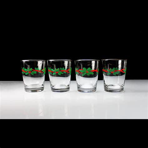 Libbey Christmas Rock Glasses Holly And Red Ribbon Gold Rim Weighted