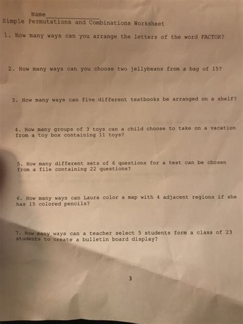 Solved Name Simple Permutations And Combinations Worksheet