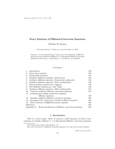 Pdf Exact Solutions Of Diffusion Convection Equations