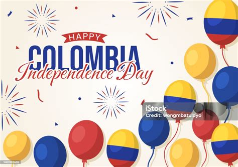 콜롬비아 독립 기념일 벡터 일러스트레이션 국경일 축하 플랫 만화 손으로 그린 랜딩 페이지 템플릿에 깃발을 흔들고 있습니다 20 De Julio에 대한 스톡 벡터 아트 및