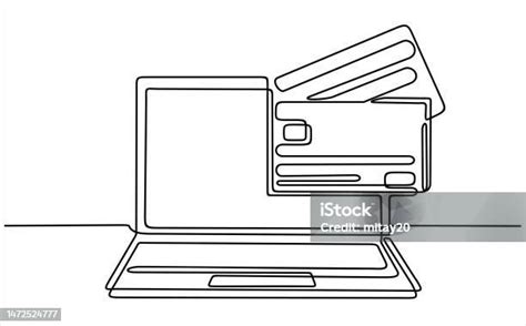 온라인 쇼핑의 비즈니스 개념으로 신용 카드가 있는 노트북 컴퓨터의 한 선 그림 로고 상징 슬라이드 쇼 및 배너에 사용할 수 있습니다 개념에 대한 스톡 벡터 아트 및 기타