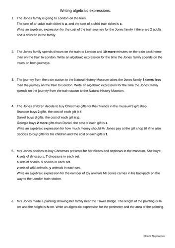Writing Algebraic Expressions Word Problems Worksheet Teaching Resources