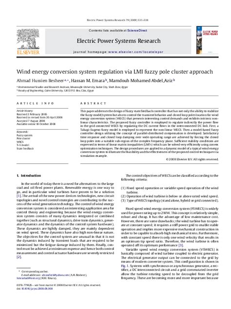 Pdf Wind Energy Conversion System Regulation Via Lmi Fuzzy Pole Cluster Approach Hassan