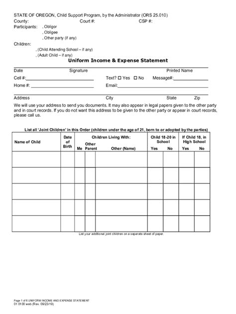 Oregon Uniform Income And Expense Statement Blank Fillable Template